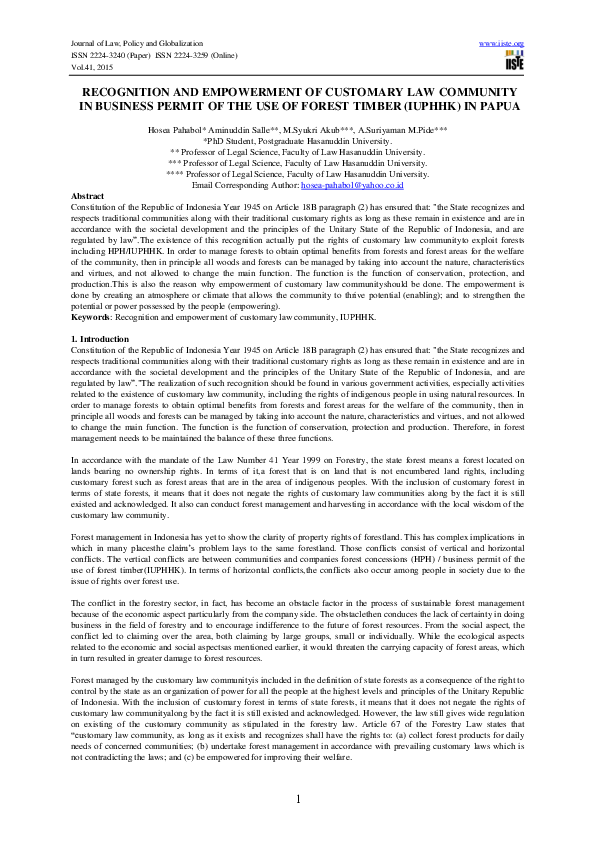 (PDF) Recognition and Empowerment of Customary Law Community in ...