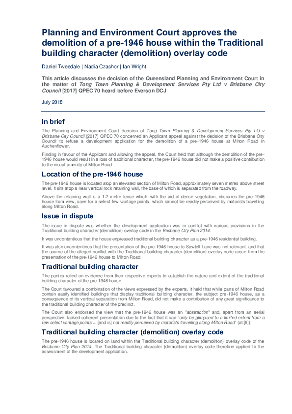 (PDF) Planning and Environment Court approves the demolition of a pre ...
