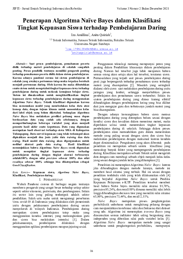 (PDF) Penerapan Algoritma Naïve Bayes Dalam Klasifikasi Tingkat Kepuasan Siswa Terhadap ...