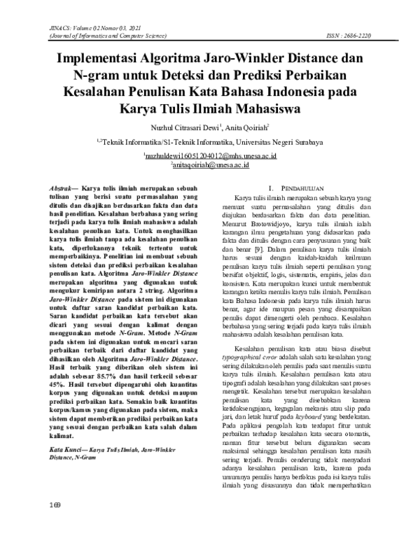 (DOC) Implementasi Algoritma Jaro-Winkler Distance dan N-Gram untuk ...