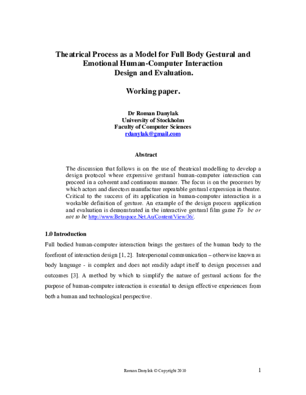 (PDF) Theatrical Process as a Model for Full Body Gestural and Emotional Human-Computer ...