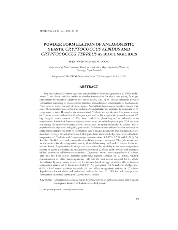(PDF) Powder Formulation of Antagonistic Yeasts, and as Biofungicides