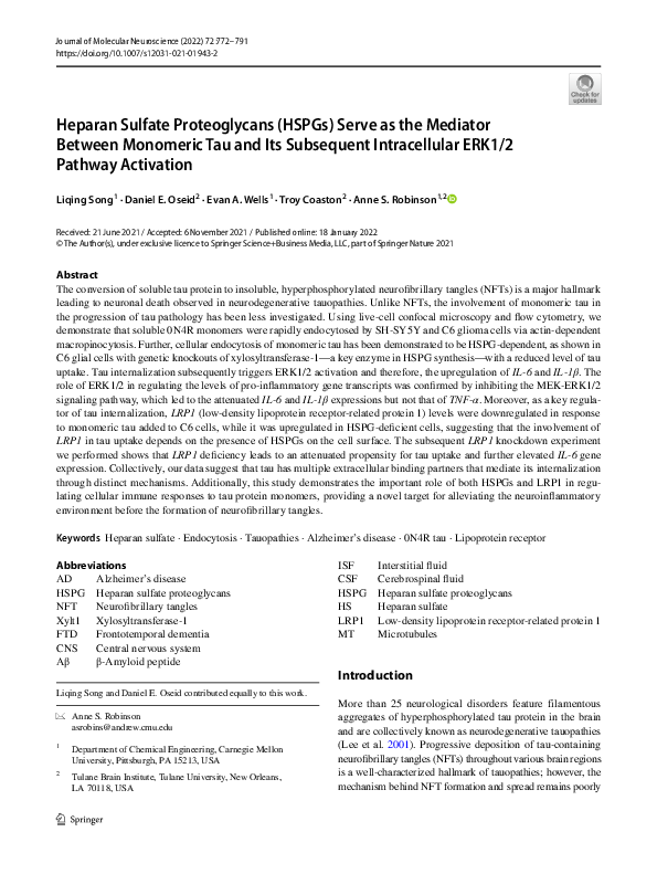 (PDF) Heparan Sulfate Proteoglycans (HSPGs) Serve as the Mediator Between Monomeric Tau and Its ...