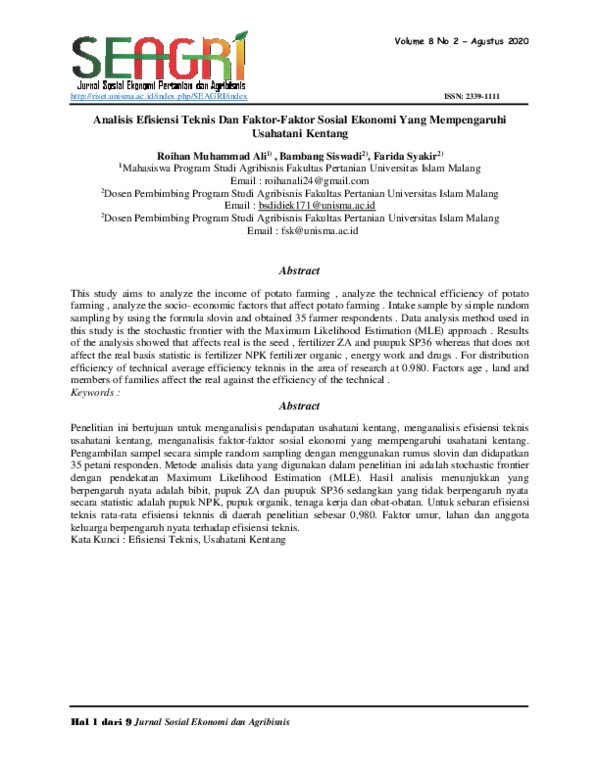 (PDF) Analisis Efisiensi Teknis Dan Faktor-Faktor Sosial Ekonomi Yang Mempengaruhi Usahatani Kentang