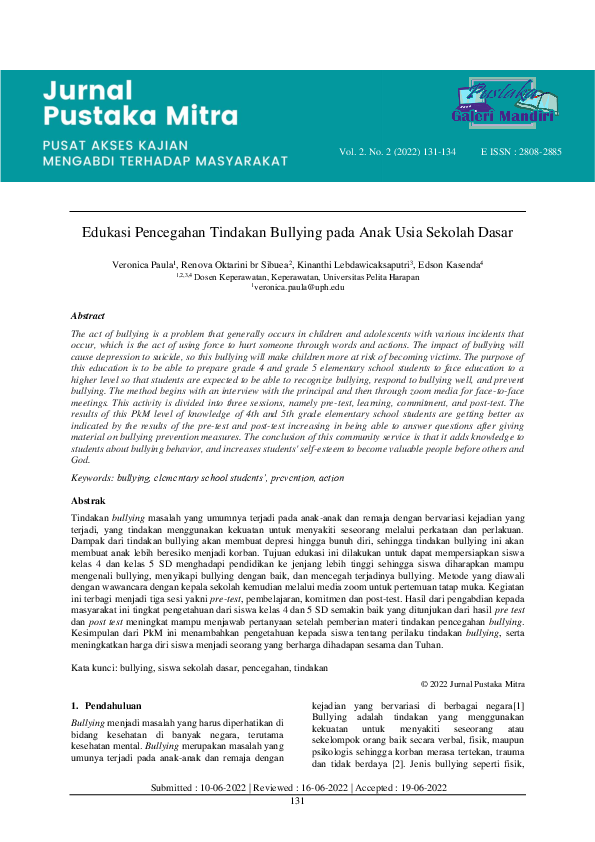 (PDF) Edukasi Pencegahan Tindakan Bullying Pada Anak Usia Sekolah Dasar
