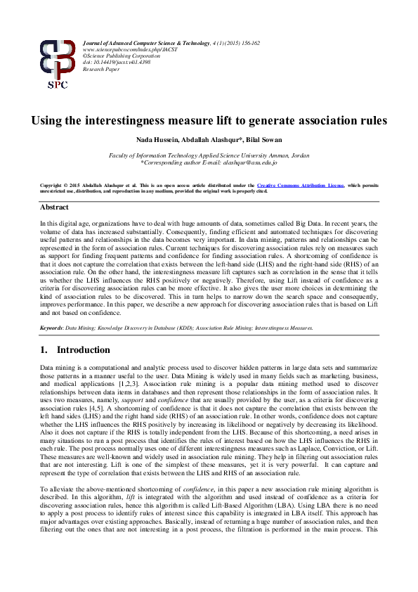 (PDF) Using the interestingness measure lift to generate association rules