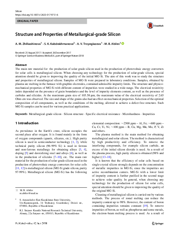 (PDF) Structure and Properties of Metallurgical-grade Silicon