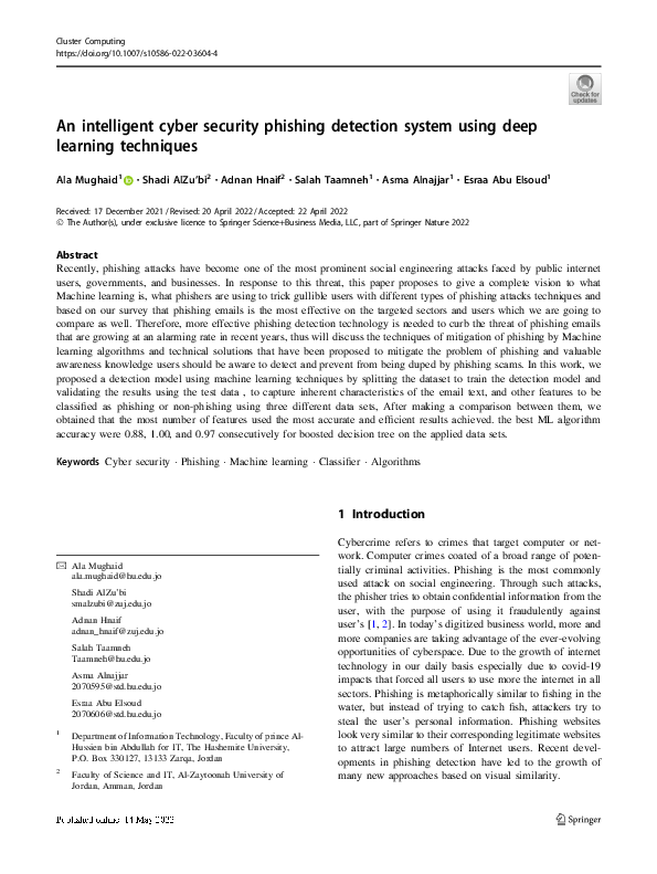 Pdf An Intelligent Cyber Security Phishing Detection System Using Deep Learning Techniques