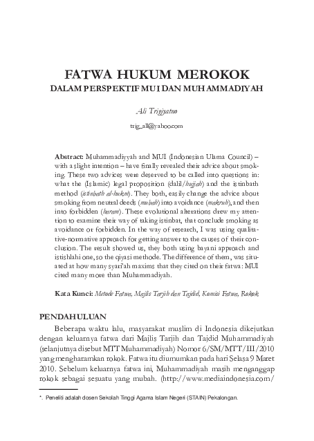 (PDF) Fatwa Hukum Merokok Dalam Perspektif Mui Dan Muhammadiyah