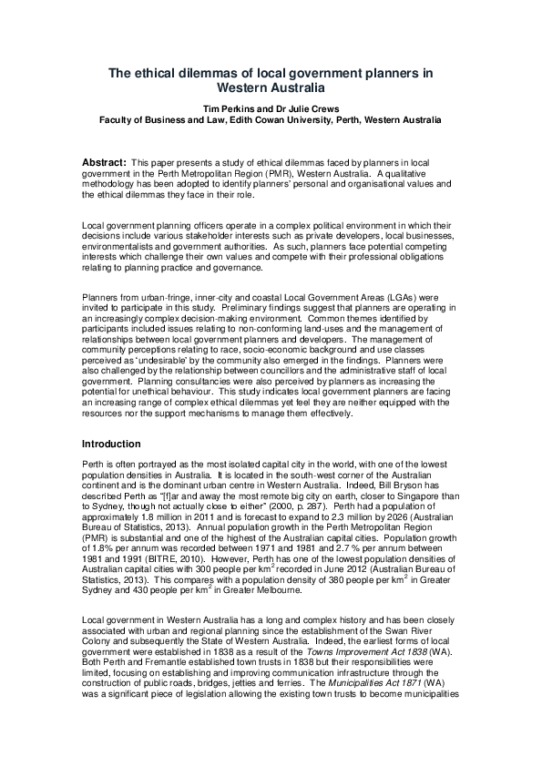 (PDF) The ethical dilemmas of local government planners in Western ...