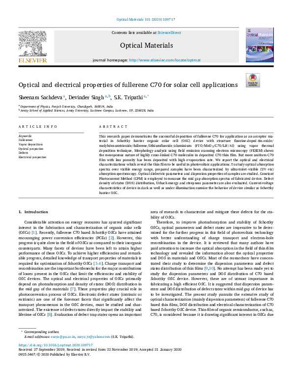 (PDF) Optical and electrical properties of fullerene C70 for solar cell applications