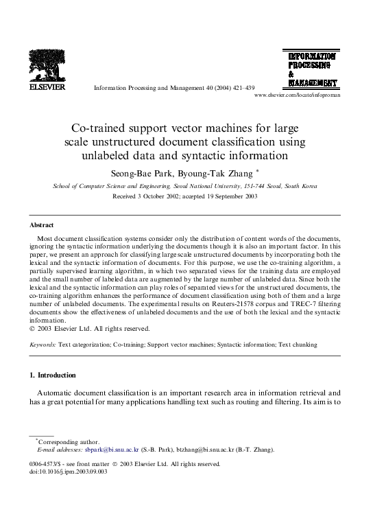 (PDF) Co-trained support vector machines for large scale unstructured document classification ...