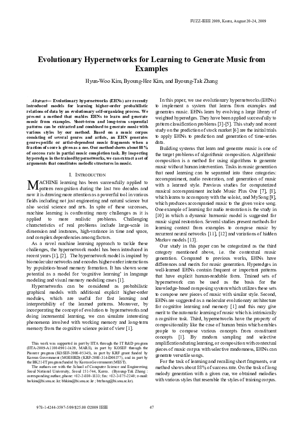(PDF) Evolutionary hypernetworks for learning to generate music from examples