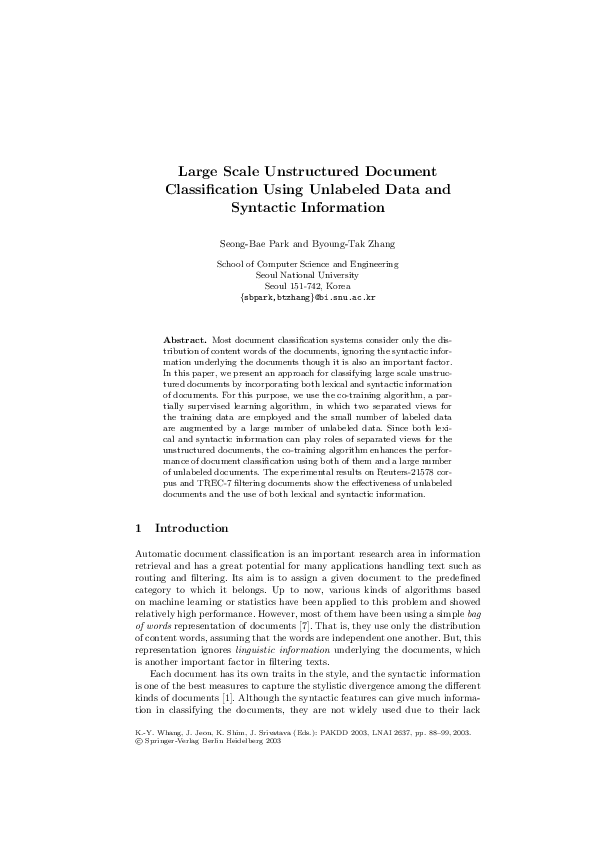 (PDF) Large Scale Unstructured Document Classification Using Unlabeled Data and Syntactic ...