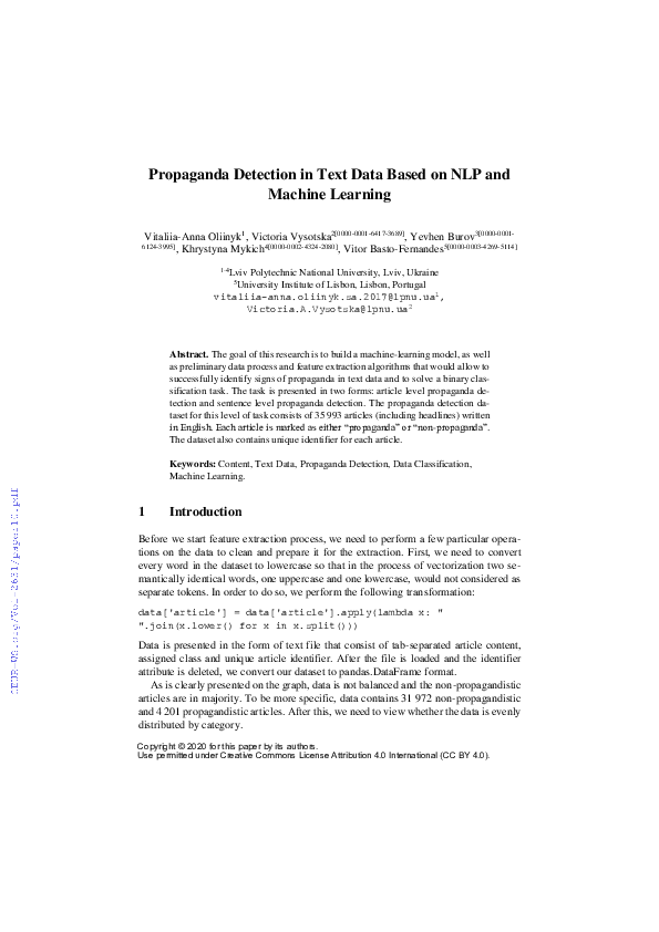 (PDF) Propaganda Detection in Text Data Based on NLP and Machine Learning