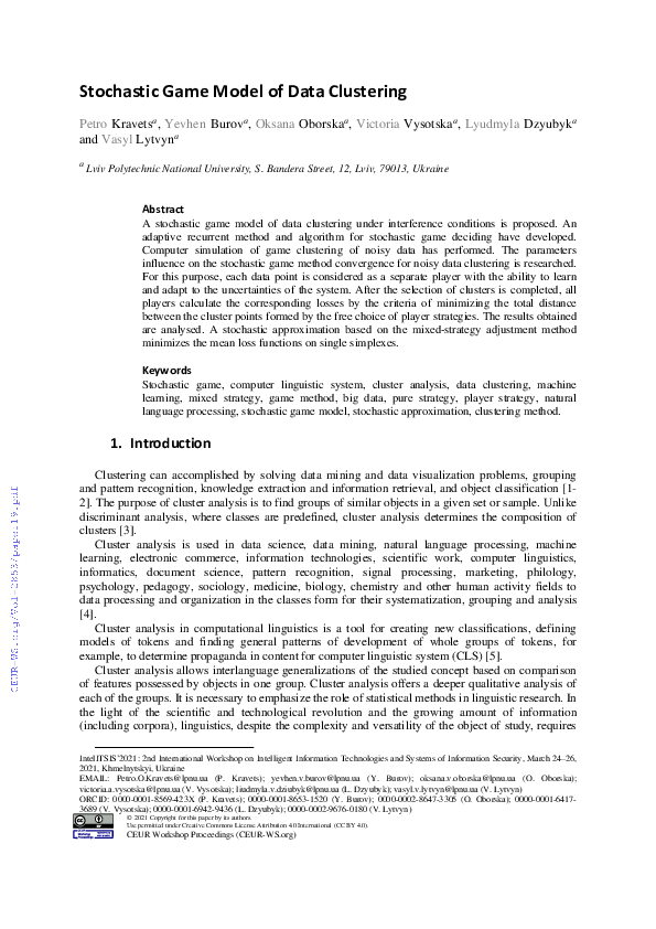 (PDF) Stochastic Game Model of Data Clustering