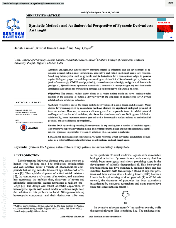 (PDF) Synthetic Methods and Antimicrobial Perspective of Pyrazole Derivatives: An Insight