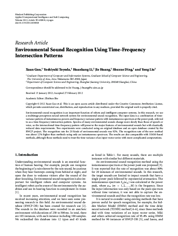(PDF) Environmental Sound Recognition Using Time-Frequency Intersection Patterns