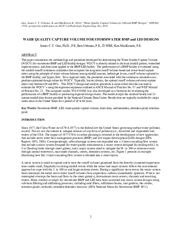 (PDF) Water Quality Capture Volume for Storm Water BMP and LID Designs