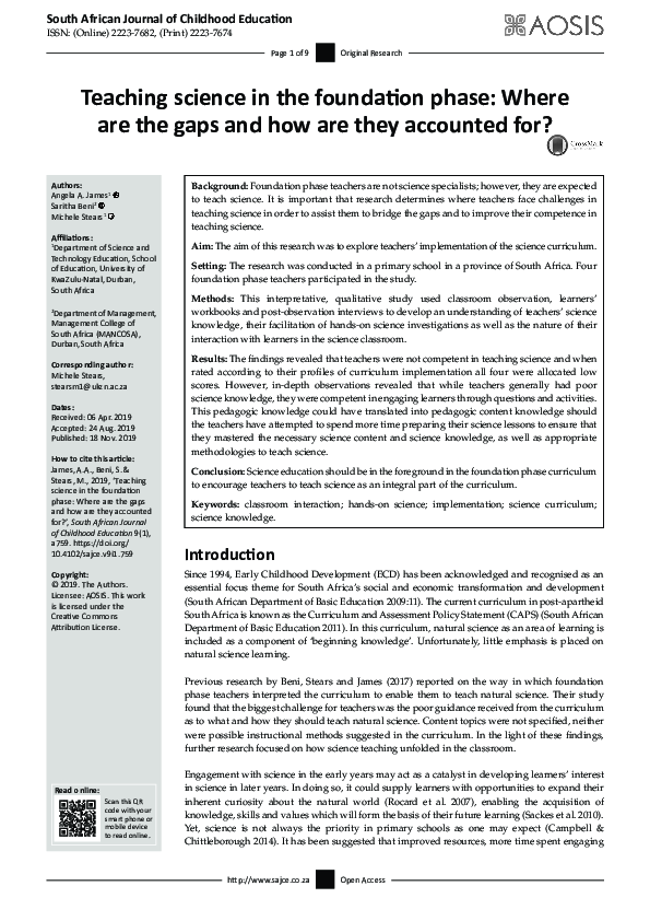 (PDF) Teaching science in the foundation phase: Where are the gaps and ...