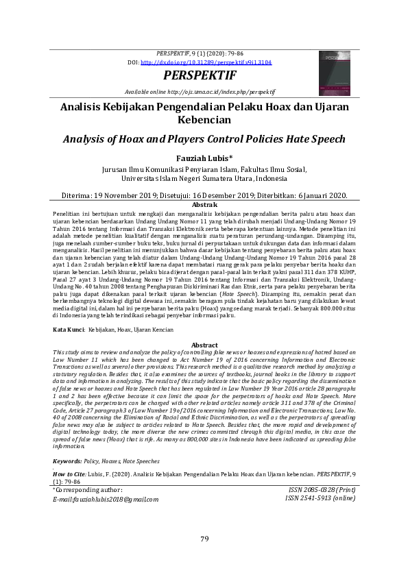 (PDF) Analisis Kebijakan Pengendalian Pelaku Hoax dan Ujaran Kebencian