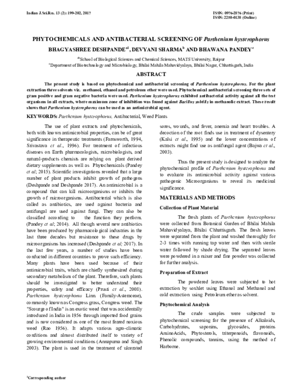 (PDF) PHYTOCHEMICALS AND ANTIBACTERIAL SCREENING OF Parthenium hysterophorus