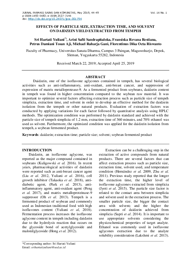 Pdf Effects Of Particle Size Extraction Time And Solvent Selection