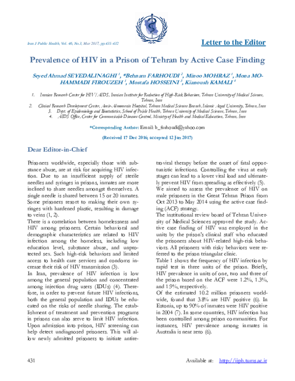 (PDF) Prevalence of HIV in a Prison of Tehran by Active Case Finding