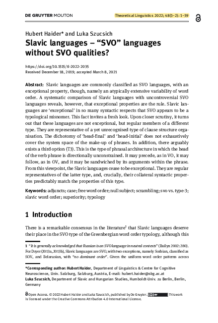(PDF) Slavic languages – "SVO" languages without SVO qualities?