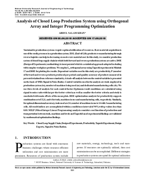 Pdf Analysis Of Closed Loop Production System Using Orthogonal Array And Integer Programming