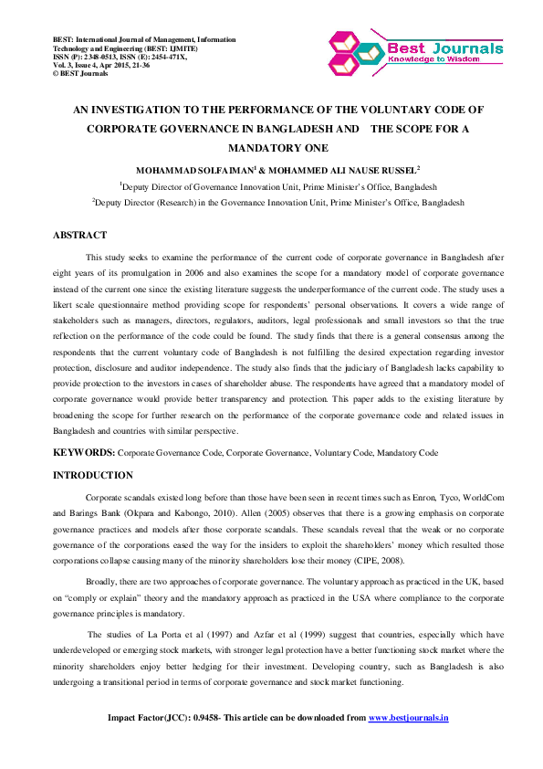 (PDF) AN INVESTIGATION TO THE PERFORMANCE OF THE VOLUNTARY CODE OF ...