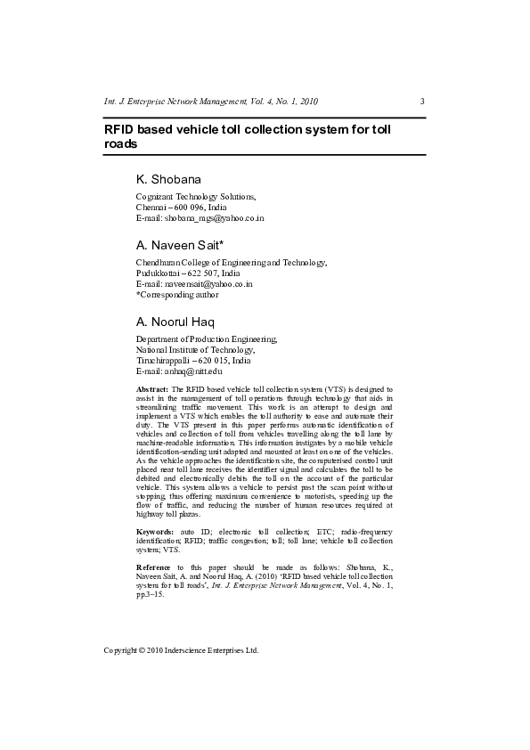 (PDF) RFID based vehicle toll collection system for toll roads