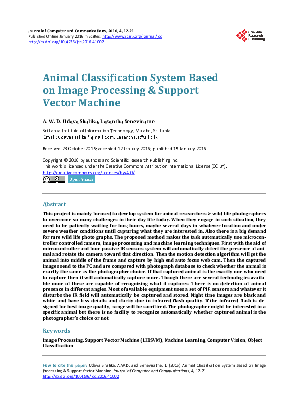 (PDF) Animal Classification System Based on Image Processing & Support Vector Machine