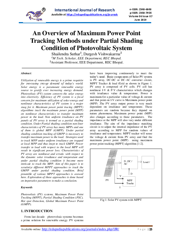 Pdf An Overview Of Maximum Power Point Tracking Methods Under Partial