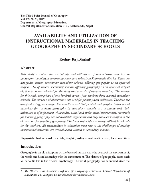 (PDF) Availability and Utilization of Instructional Materials in Teaching Geography in Secondary ...