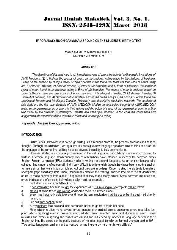 (PDF) Error Analysis on Grammar as Found on the Students’ Writing Text
