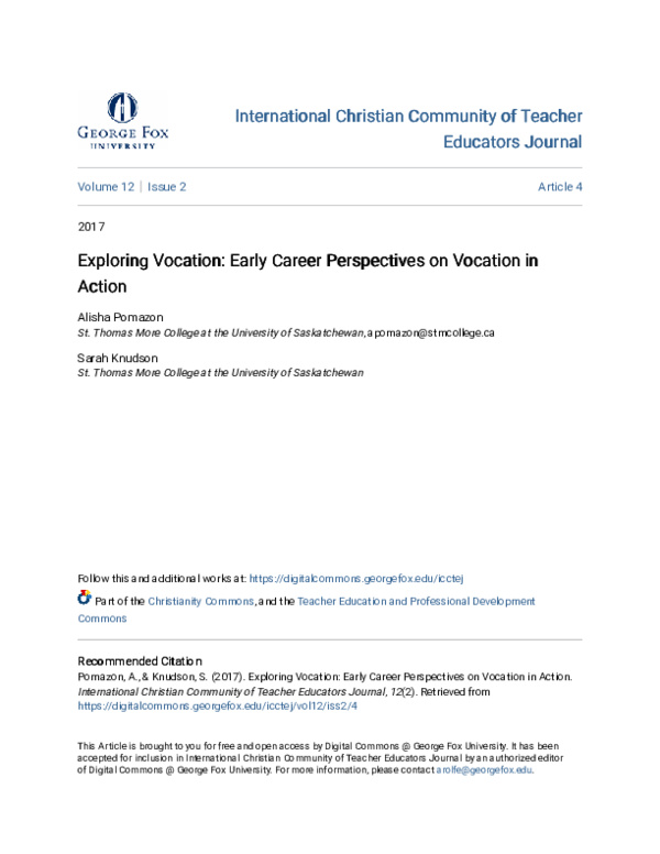 (PDF) Exploring Vocation: Early Career Perspectives on Vocation in Action