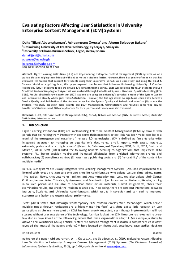 Pdf Evaluating Factors Affecting User Satisfaction In University