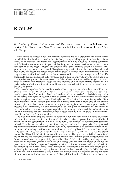 (PDF) The Politics of Virtue: Post-Liberalism and the Human Future by ...