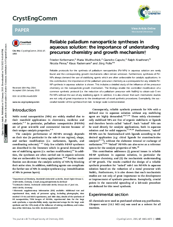 (PDF) Reliable palladium nanoparticle syntheses in aqueous solution: the importance of ...