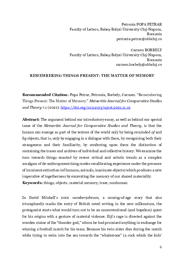 (PDF) Remembering Things Present: The Matter of Memory