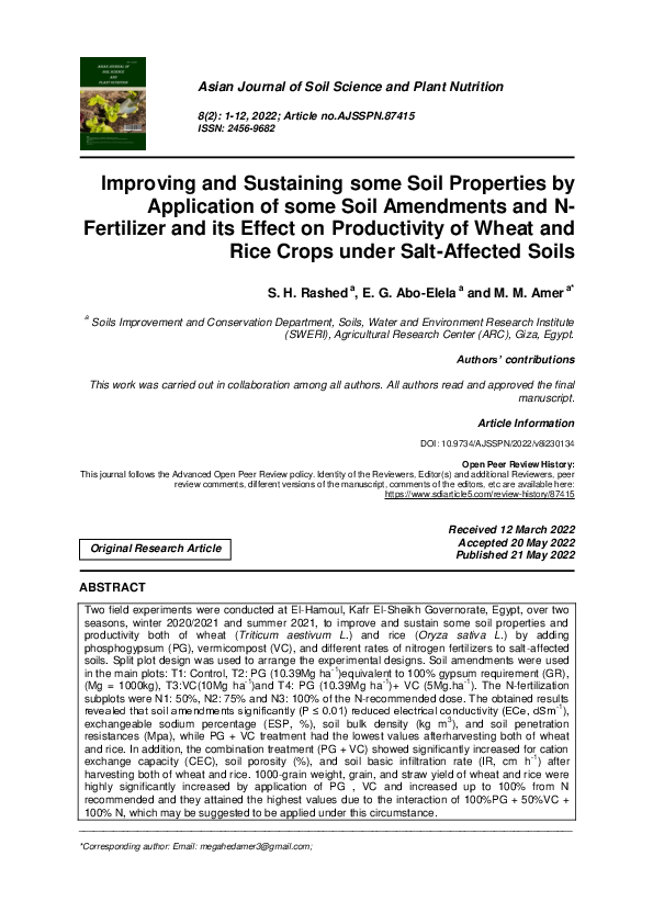 (PDF) Improving and Sustaining some Soil Properties by Application of some Soil Amendments and N ...