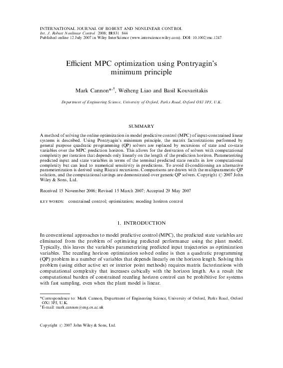 (PDF) Efficient MPC optimization using Pontryagin's minimum principle