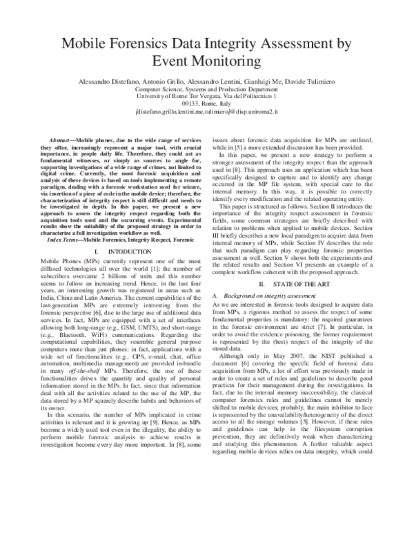 (PDF) Mobile forensics data integrity assessment by event monitoring