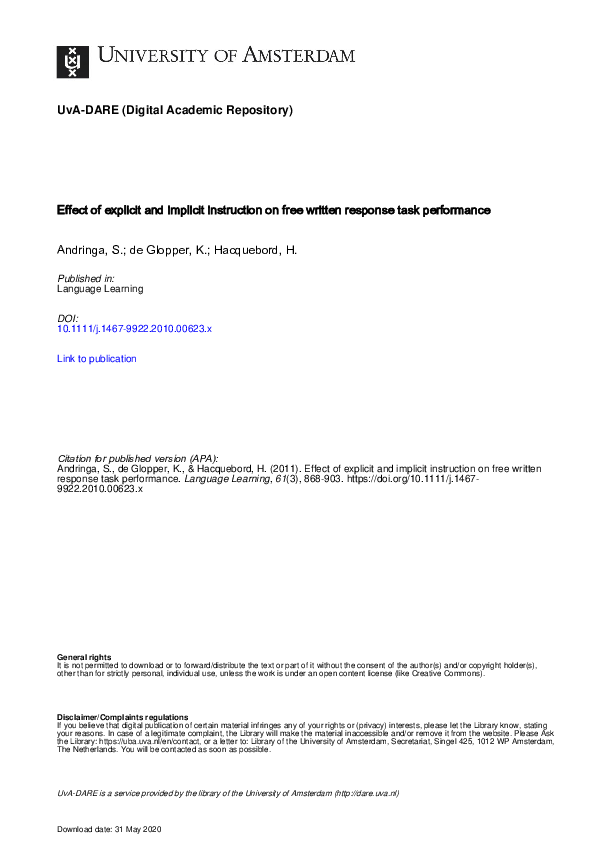 (PDF) Effect of Explicit and Implicit Instruction on Free Written Response Task Performance