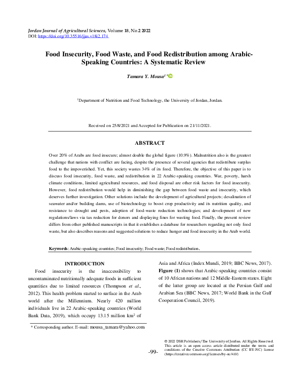 (PDF) Food Insecurity, Food Waste, and Food Redistribution among Arabic ...