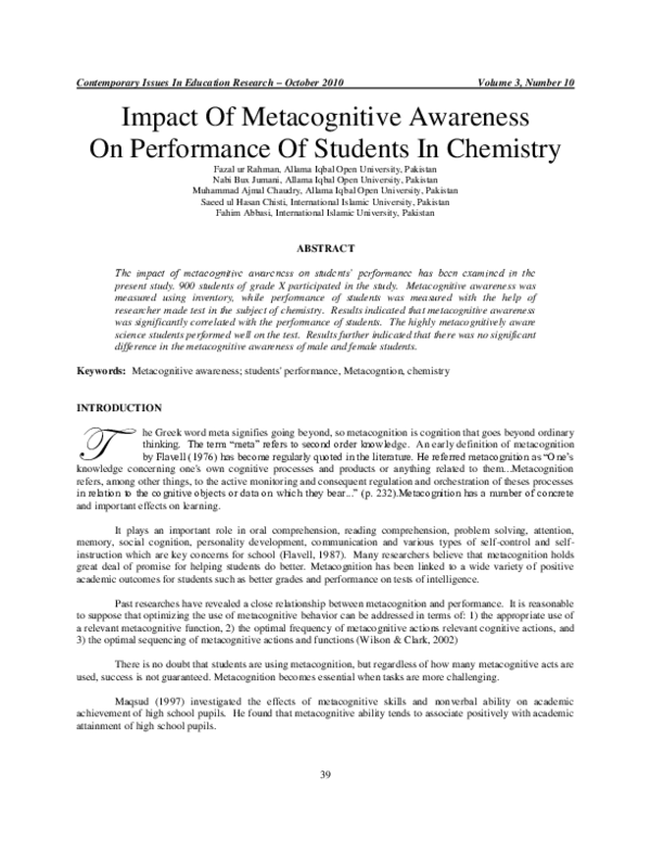 (PDF) Impact Of Metacognitive Awareness On Performance Of Students In Chemistry