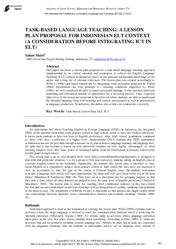 (PDF) Task-Based Language Teaching: A Lesson Plan Proposal For Indonesian ELT Context (A ...