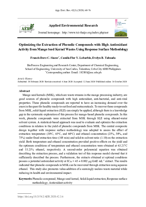 Pdf Optimizing The Extraction Of Phenolic Compounds With High Anti