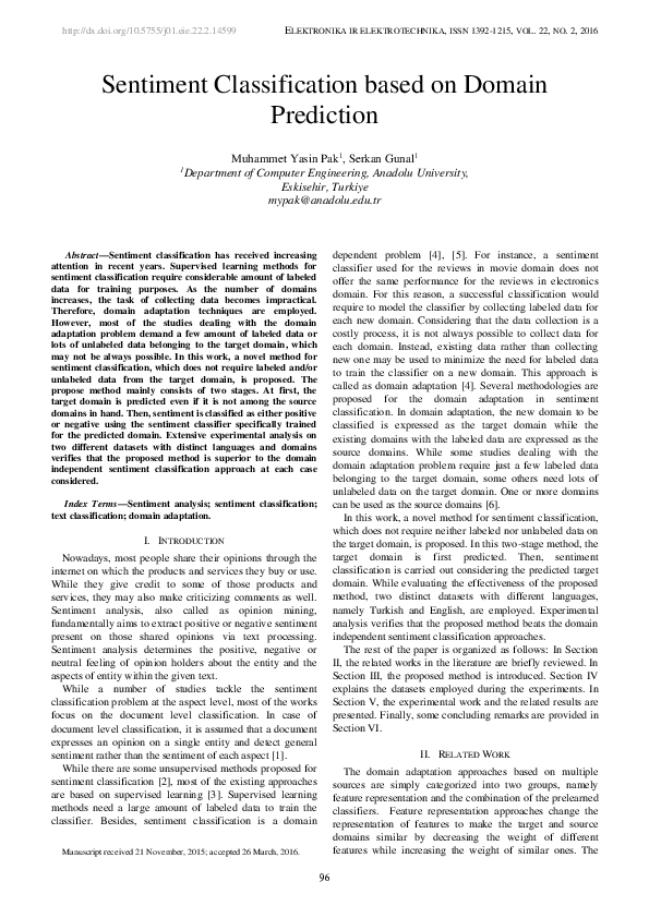 (PDF) Sentiment Classification based on Domain Prediction (PDF) Sentiment Classification based on Domain Prediction